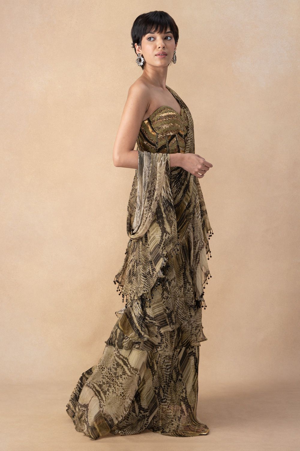 Green Python Print Ruffle Saree & Blouse Set – Nikita Mhaisalkar