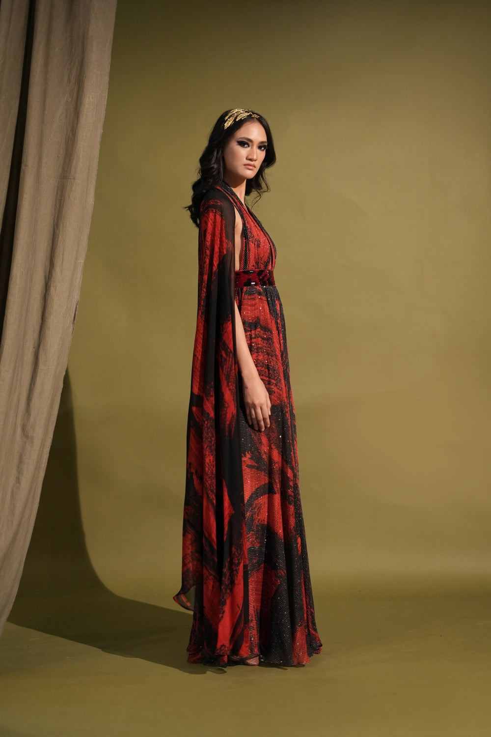 Red & Black Stroke Print Maxi Dress With Flowy Sleeves With Glass Bead ...
